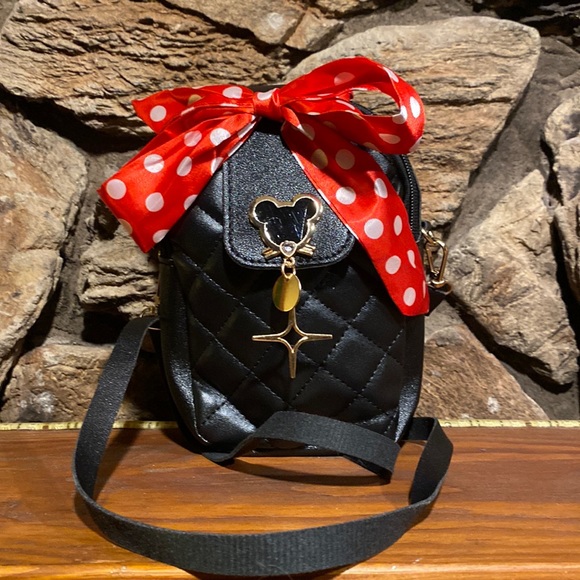 Bags | Mickey Mouse Emblem Black Faux Leather Quilted Phone Camera Case ...